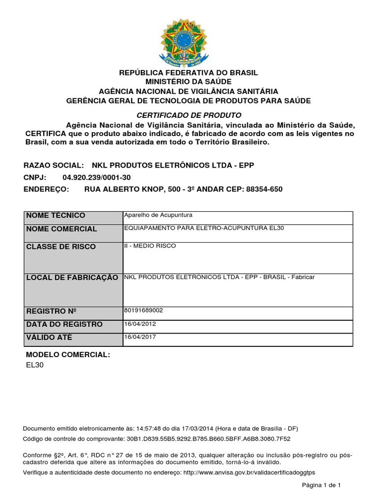 Certificado Do Produto EL30 ANVISA - Validade 16-04-17 | PDF