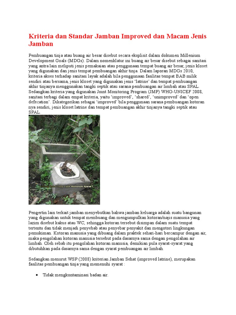 Kriteria Dan Standar Jamban Improved Dan Macam Jenis Jamban | PDF