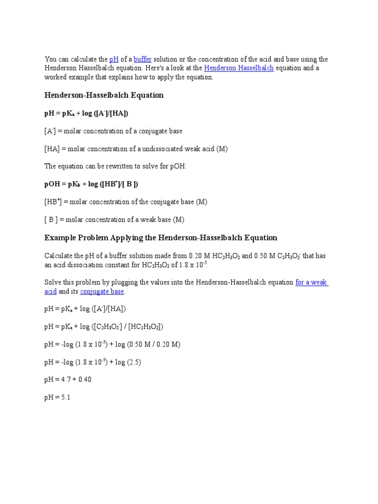You Can Calculate The PH of A Buffer Solution or The Concentration of ...