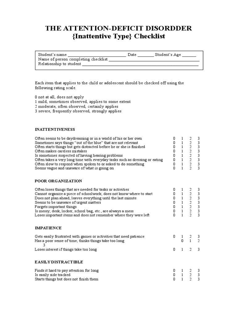 The Attention-Deficit Disordder (Inattentive Type) Checklist | PDF ...