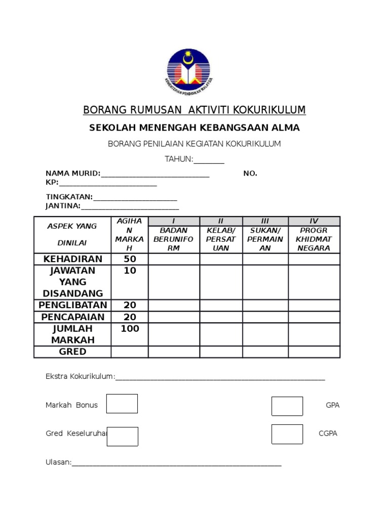 Borang Rumusan Aktiviti Kokurikulum Pajsk 2016 | PDF