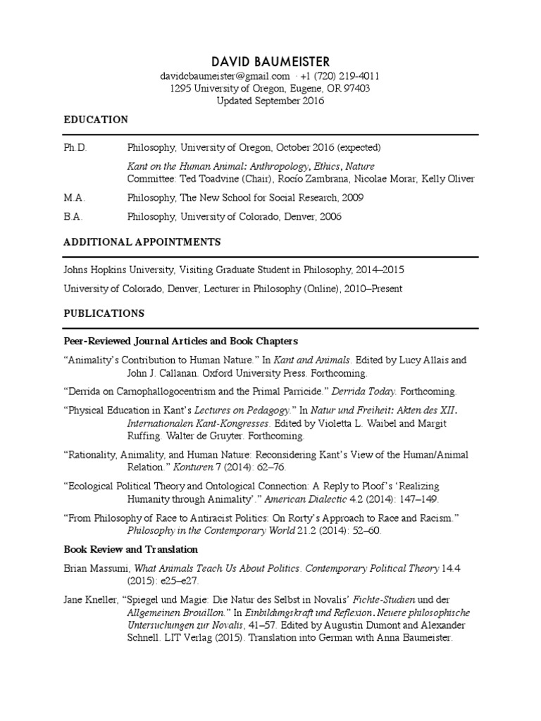 Baumeister CV September 2016 WP | PDF | Immanuel Kant | Jacques Derrida