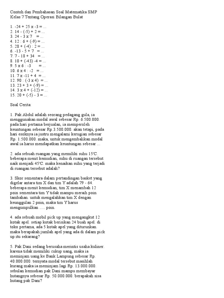 Contoh Dan Pembahasan Soal Matematika SMP Kelas 7 Tentang Operasi Bilangan Bulat | PDF