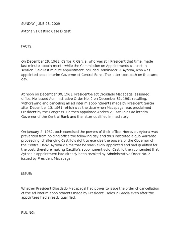 Aytona Vs Castillo | Download Free PDF | United States Senate | Advice ...
