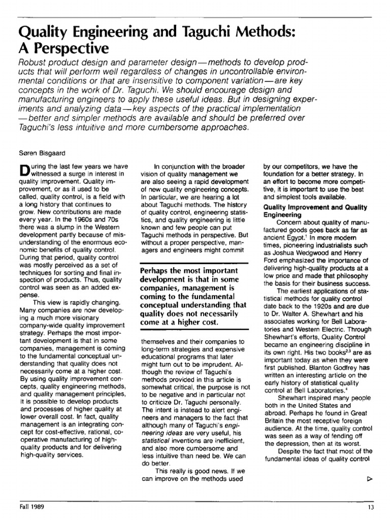 Quality Engineering and Taguchi Methods: A Perspective | PDF | Design ...