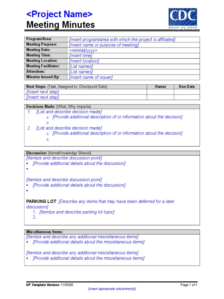 CDC UP Meeting Minutes Template