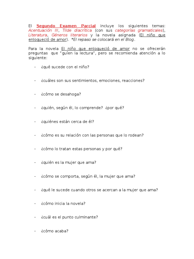 Examen sobre "El niño que enloqueció de amor" | PDF | Novelas | Amor