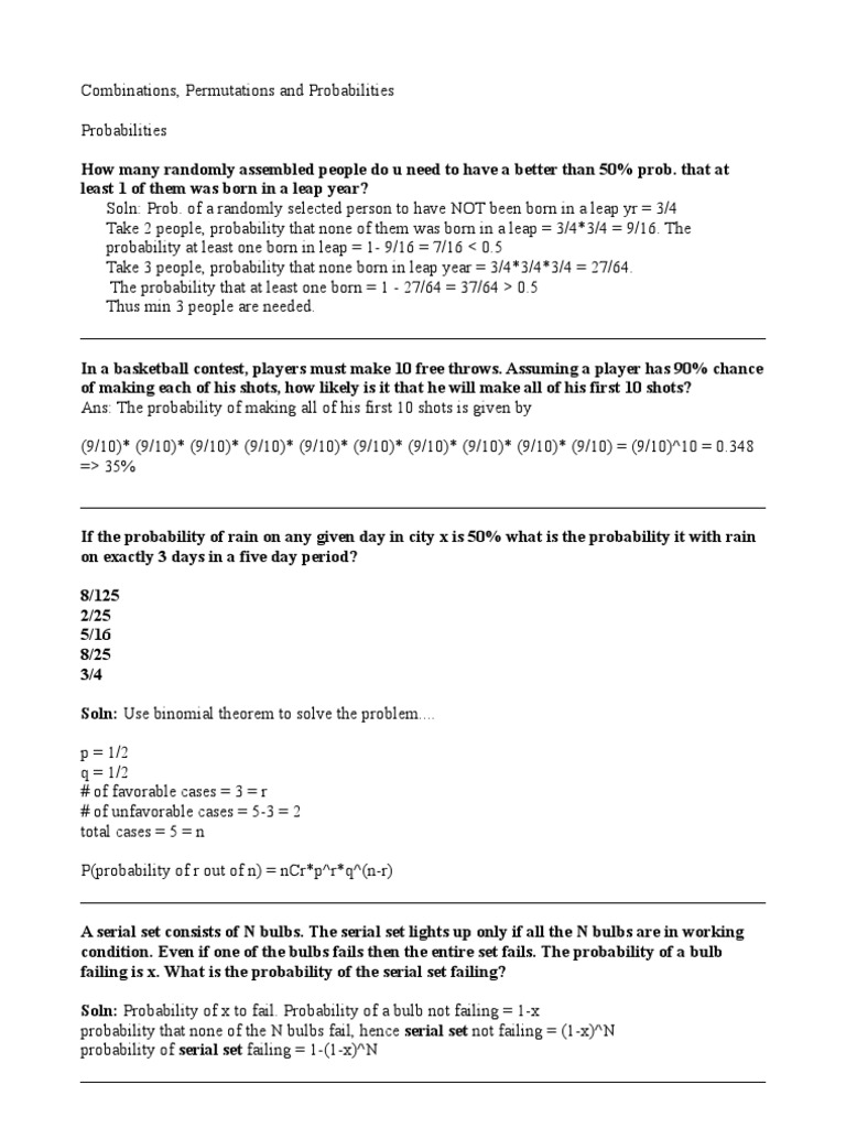 Permutations, Combinations and Probabilities | PDF | Odds | Probability