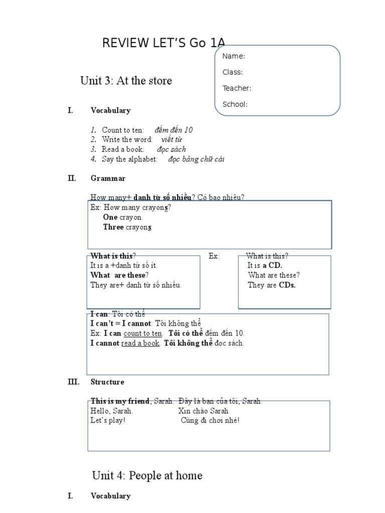 Review + Test Let's go 1A