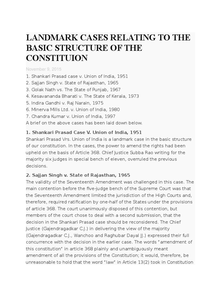 Landmark Cases Relating To The Basic Structure of The Constituion | PDF ...