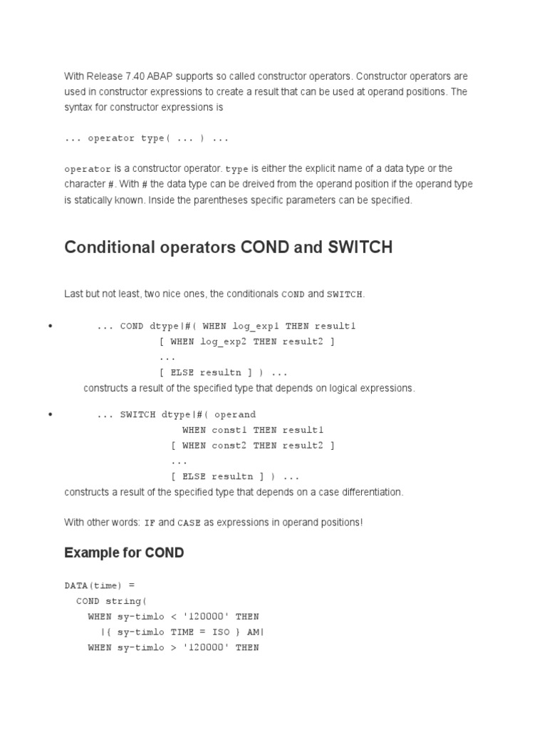 Conditional Operators COND and SWITCH - ABAP 7.40 | PDF