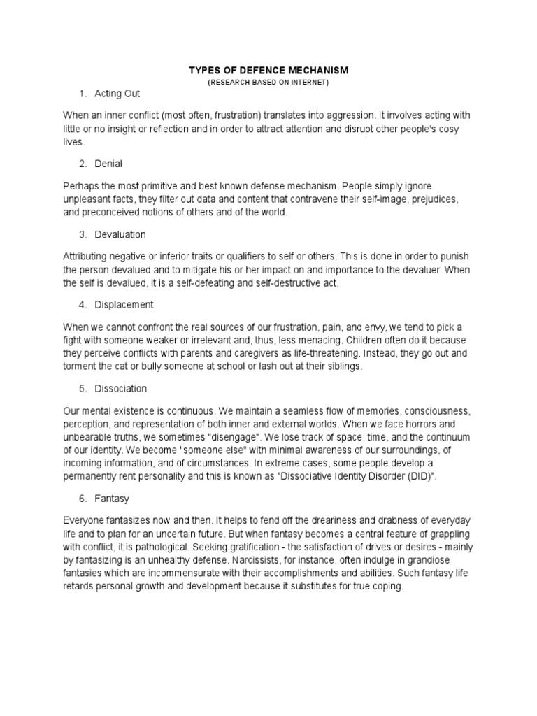 100 Defense Mechanism | PDF | Self Harm | Dissociation (Psychology)
