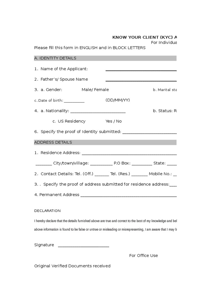 Know Your Client (Kyc) Application Form: Declaration | PDF | Identity ...