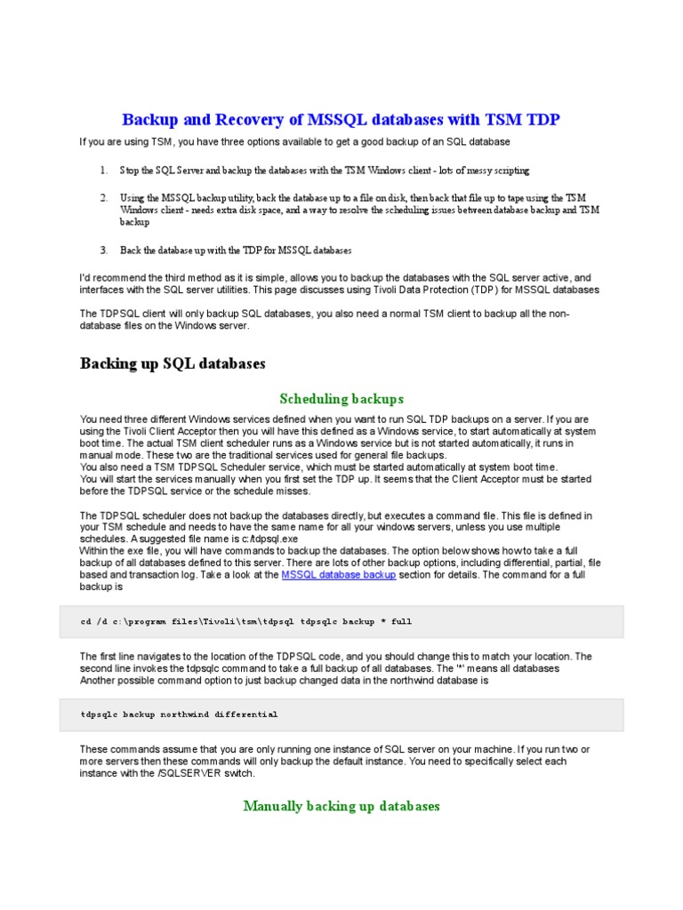 Backup and Recovery of MSSQL Databases With TSM TDP | PDF | Microsoft Sql Server | Backup