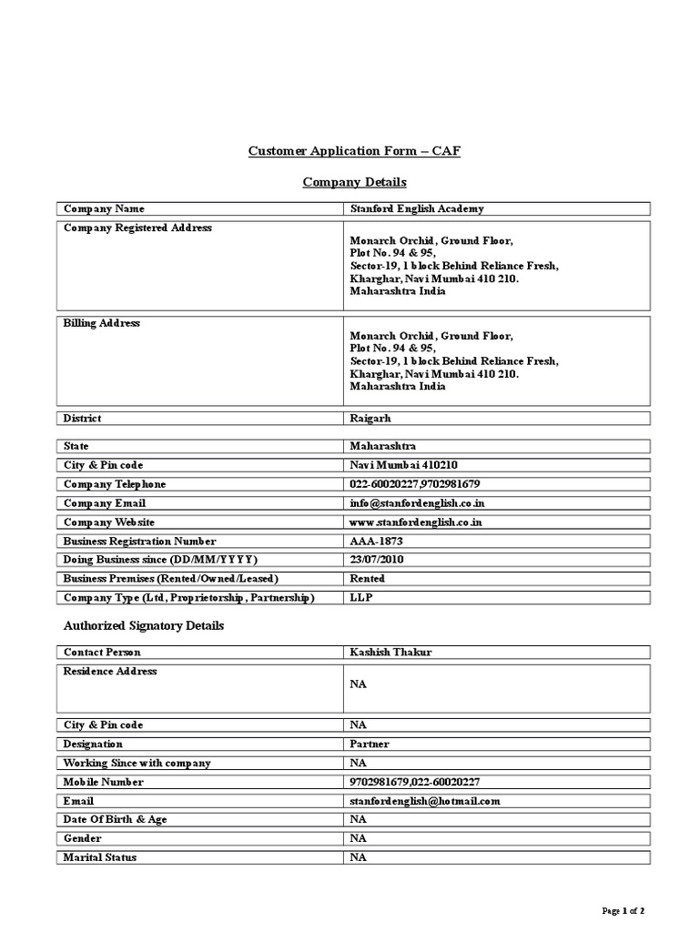 Customer Application Form - CAF Company Details | PDF ...