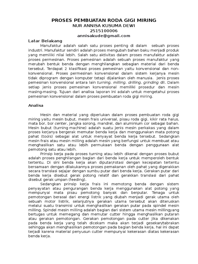 Proses Pembuatan Roda Gigi Miring | PDF