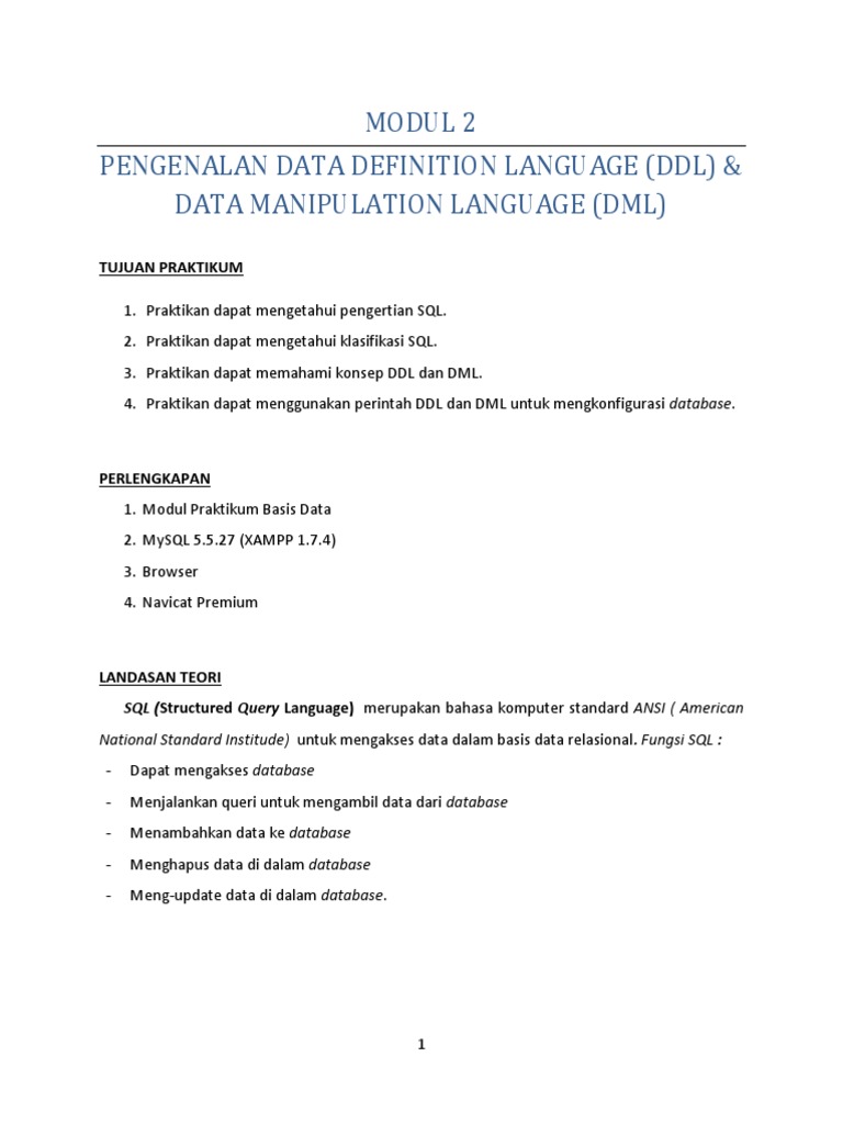 Modul 2 Basis Data - Pengenalan DDL & DML | PDF Modul 2 Basis Data - Pengenalan DDL & DML | PDF