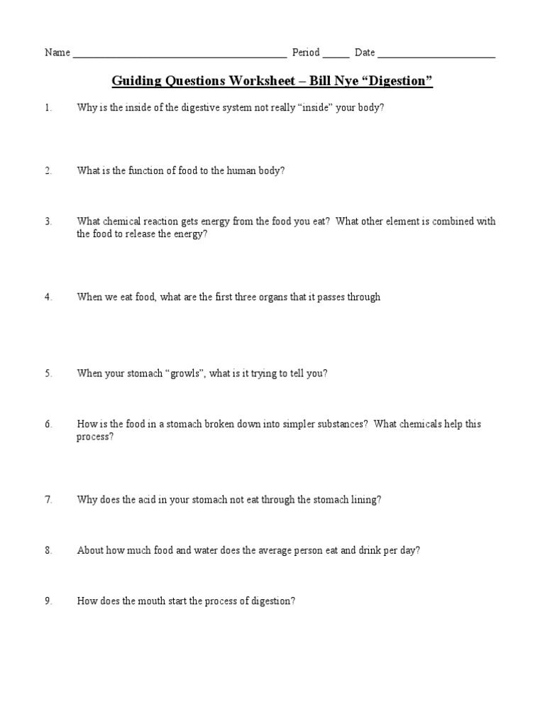 Bill Nye Digestions Video Worksheet | PDF | Digestion | Stomach