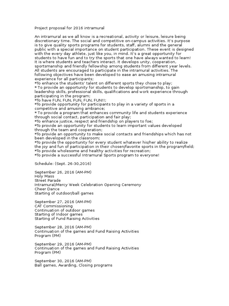 Project Proposal For 2016 Intramural | PDF | Sports | Leisure