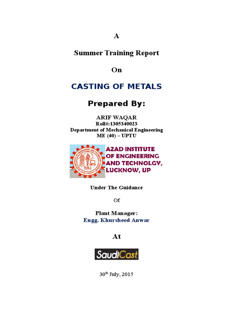 Summer Internship in Metal Casting | PDF | Casting (Metalworking) | Foundry