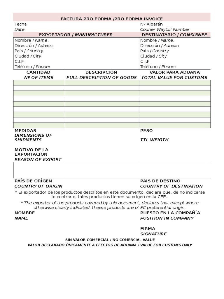Ejemplo Factura Proforma Aduana | PDF