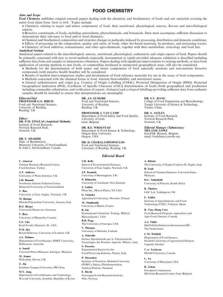 Food Chemistry Editorial Board PDF Foods Nutrients