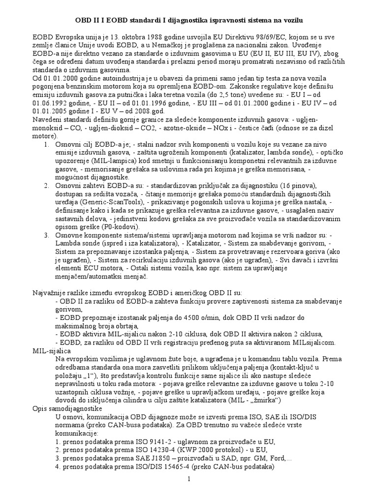 OBD II I EOBD Standardi I Dijagnostika Ispravnosti Sistema Na Vozilu | PDF
