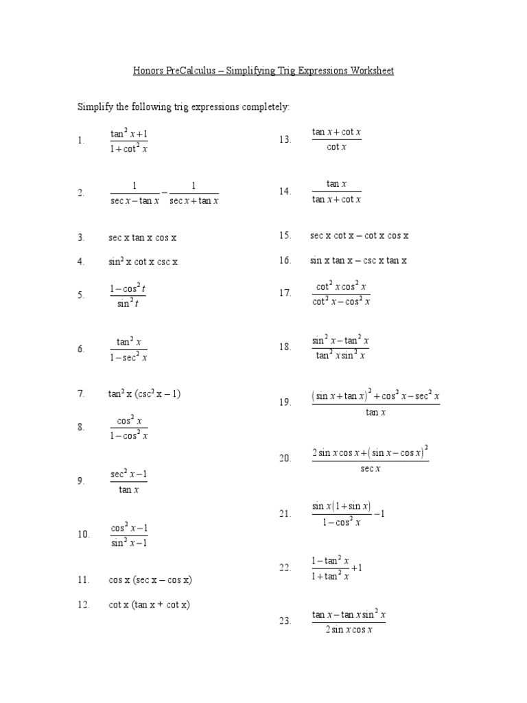 7 1 Simplifying Trig Functions Worksheet Pdf