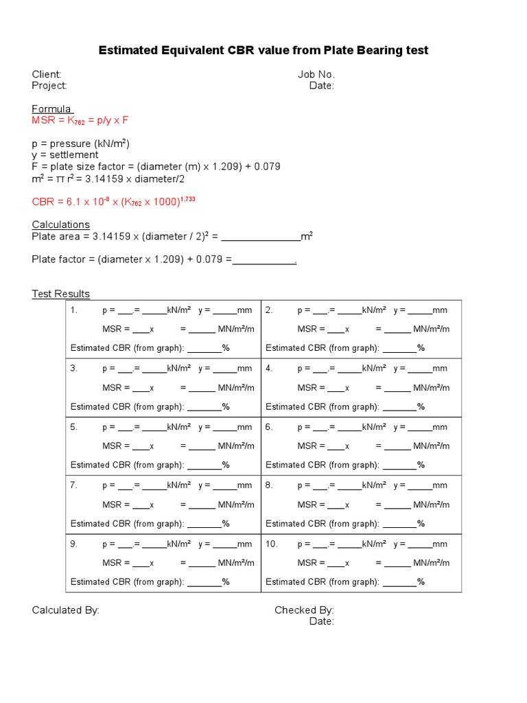 Estimated Equivalent CBR Value From Plate Bearing Test | PDF | Teaching ...