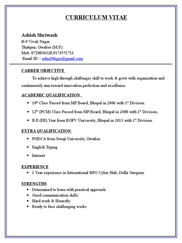 Curriculum Vitae of Ashish Shriwash | PDF