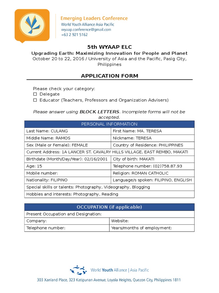 5th WYAAP ELC - Application Form 1 | PDF | Email | Natural Environment