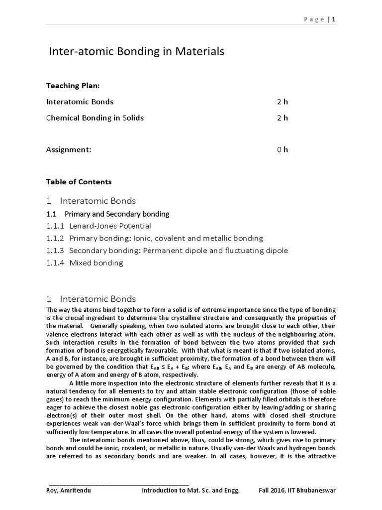 HO#1 - Interatomic Bonding in Materials | PDF | Ionic Bonding ...
