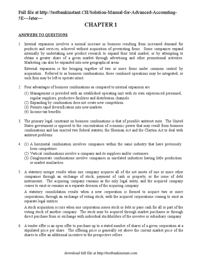 Solution Manual For Advanced Accounting 5E - Jeter | PDF | Mergers And ...