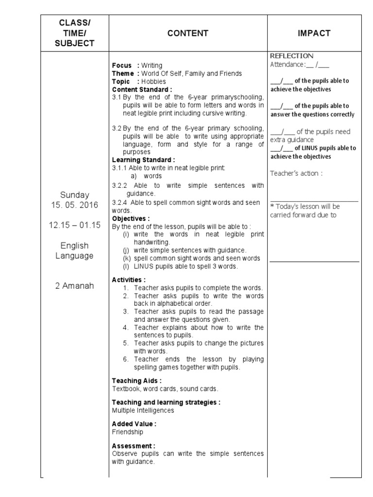 Lesson Plan BI Year 2 | PDF | Question | Lesson Plan