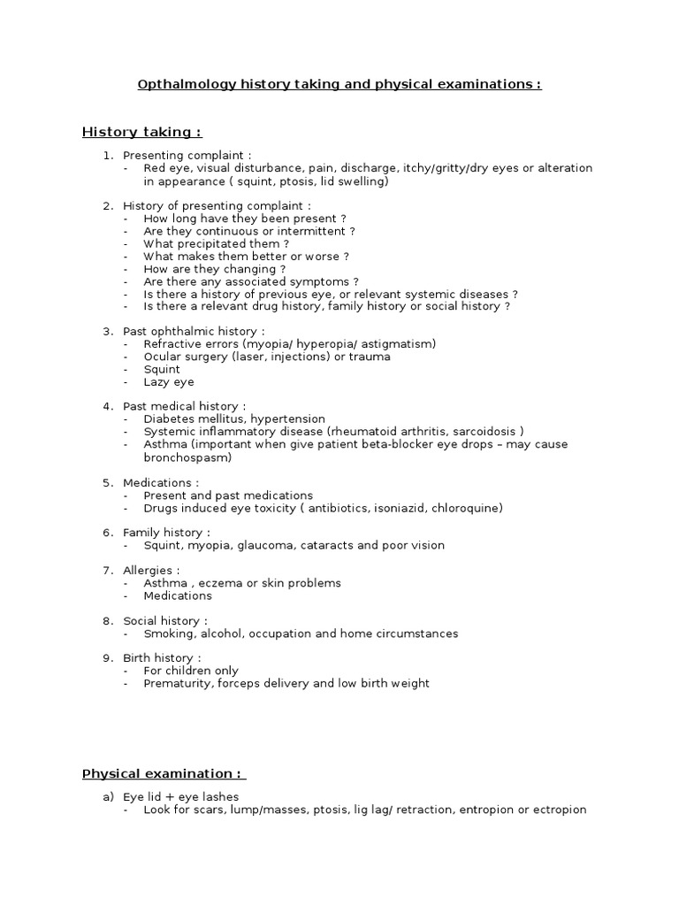 Ophthalmology History Taking Guide | PDF | Human Eye | Cornea