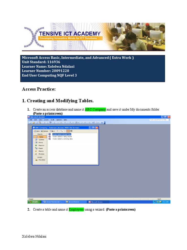 Access Practice: 1. Creating and Modifying Tables | PDF | Databases ...