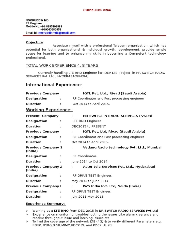 Telecom Lte Rno Engineer Resume | PDF | High Speed Packet Access ...