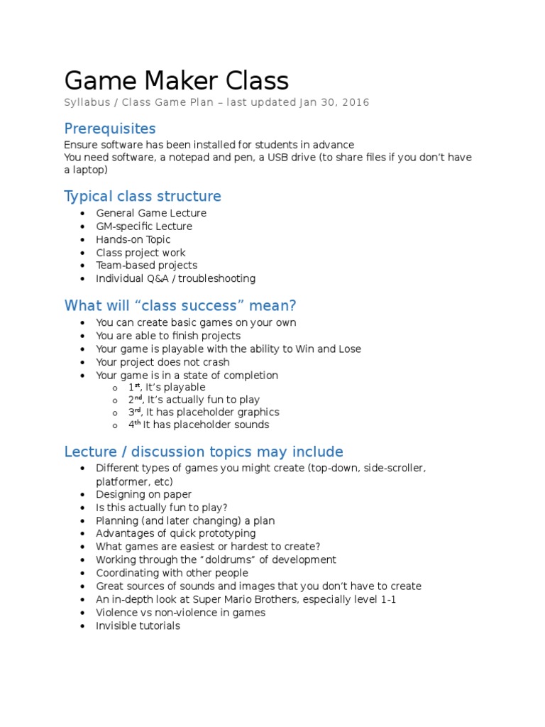 A Game Maker Class Syllabus: Building Skills in Game Design Through ...