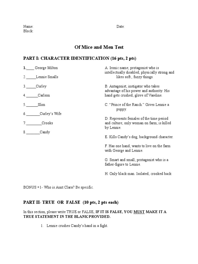 Of Mice and Men Test | PDF