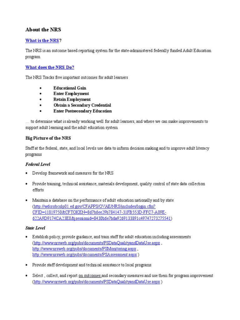 Overview Of The Nrs For Adult Education Pdf Business