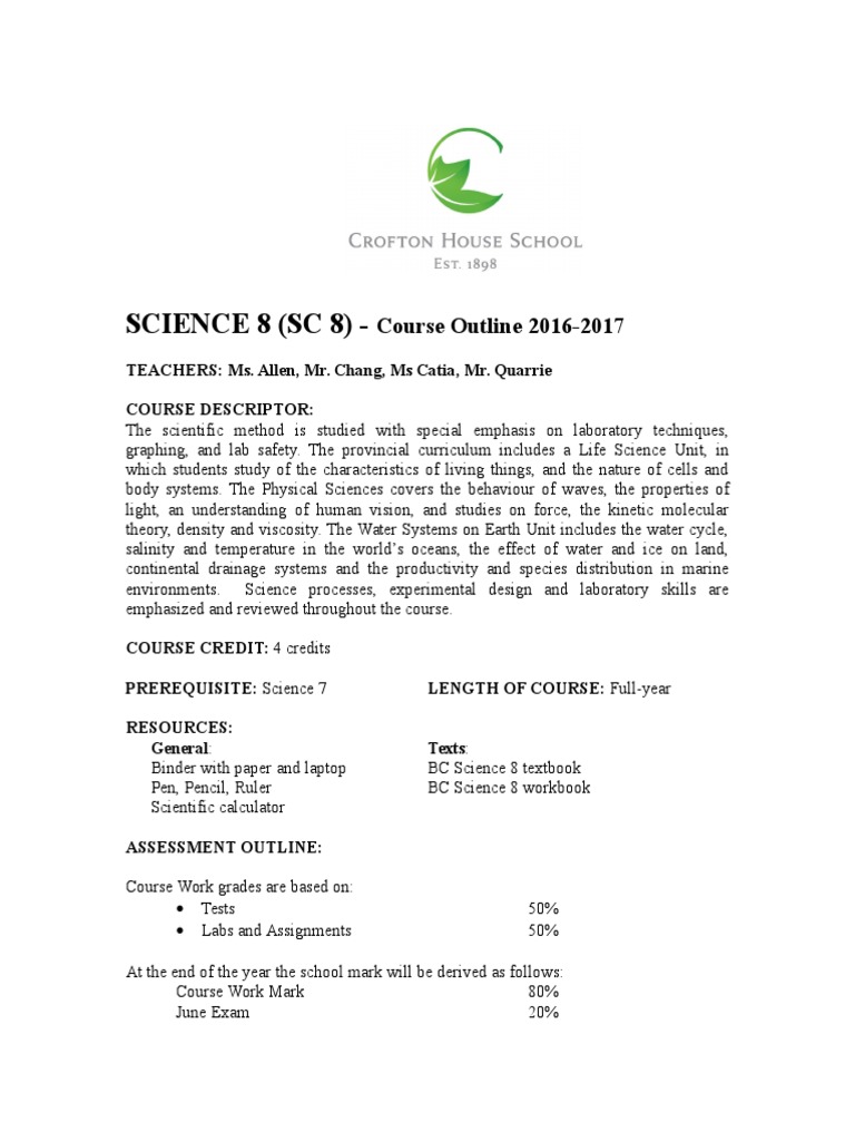 Science 8 Course Outline 2016-2017 | PDF | Light | Science