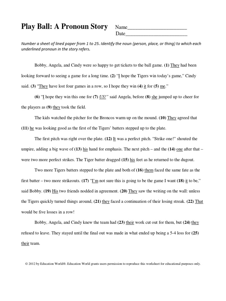 Play Ball Pronoun Worksheet | PDF
