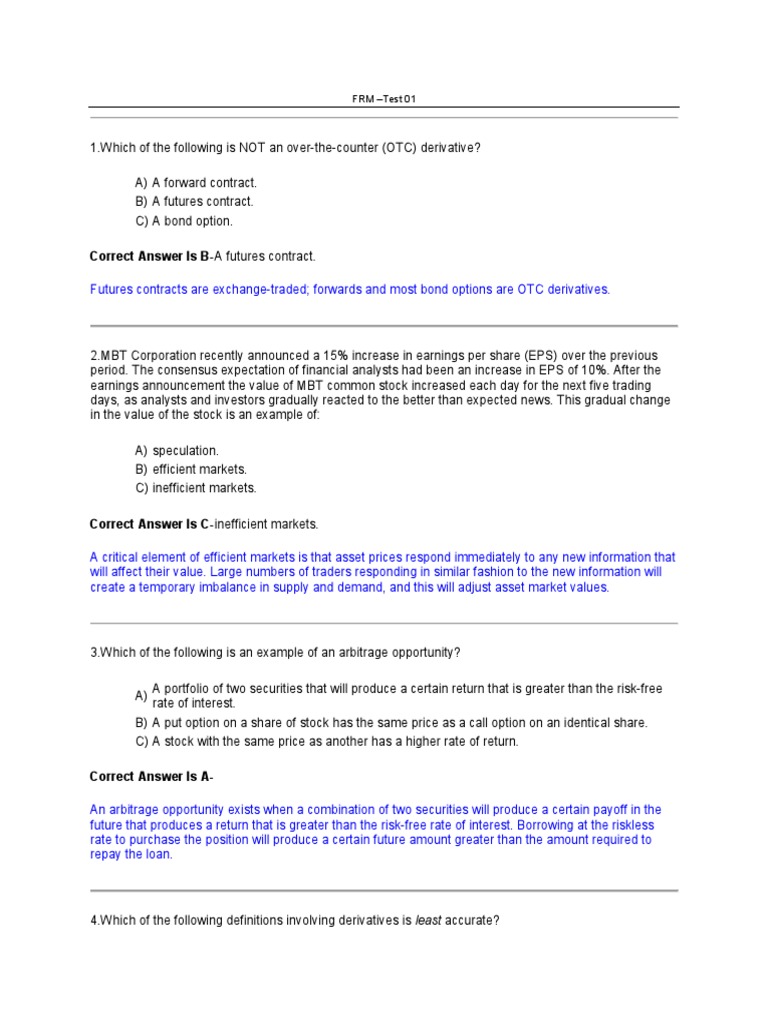 FRM Test Ans | Futures Contract | Margin (Finance)