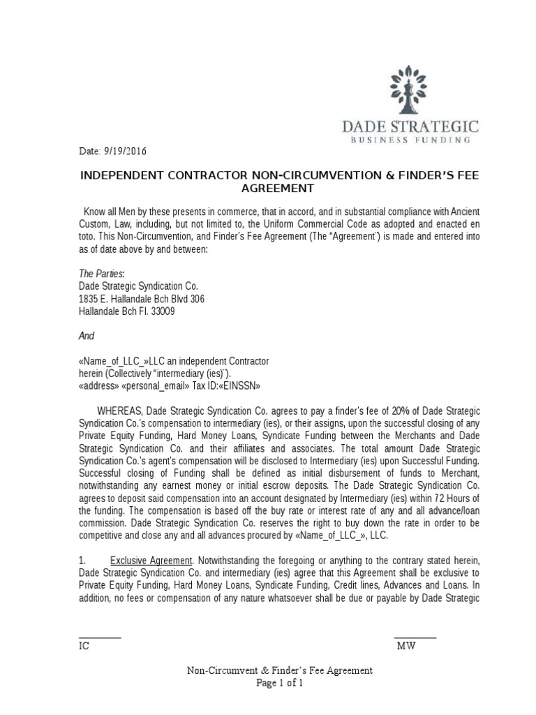 Non-Circumvention - Finder's Fee Agreement | PDF | Fee | Private Law
