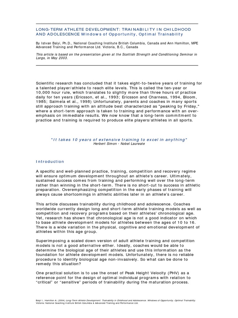Windows of Opportunity, Optimal Trainability: Long-Term Athlete ...