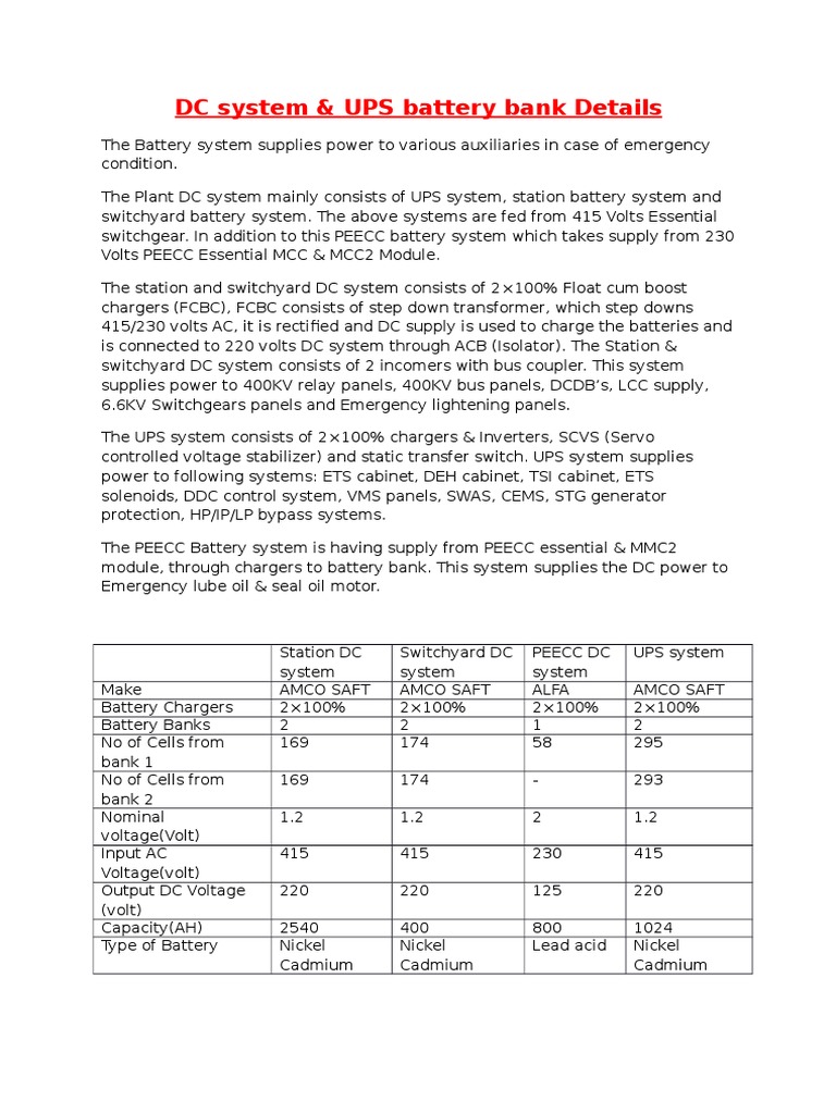 DC System & UPS Battery Bank Details | PDF | Computers