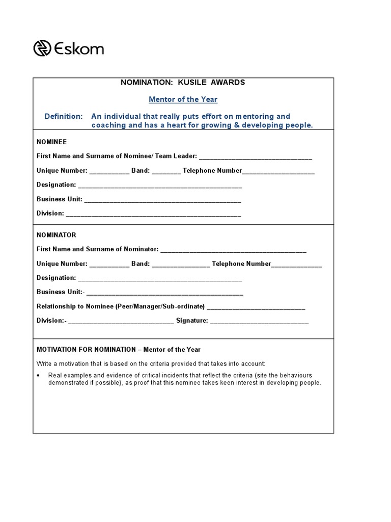 Nomination Form - Mentor of The Year | PDF | Business