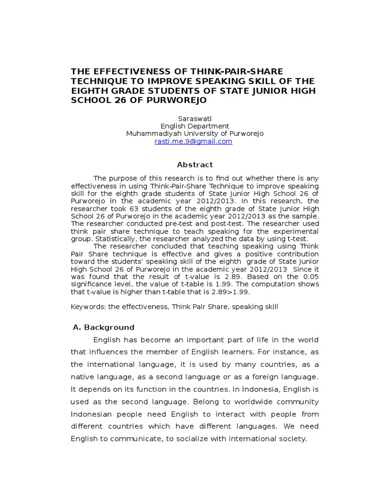 The Effectiveness of Think-Pair-Share Technique To Improve Speaking Skill of The Eighth Grade ...
