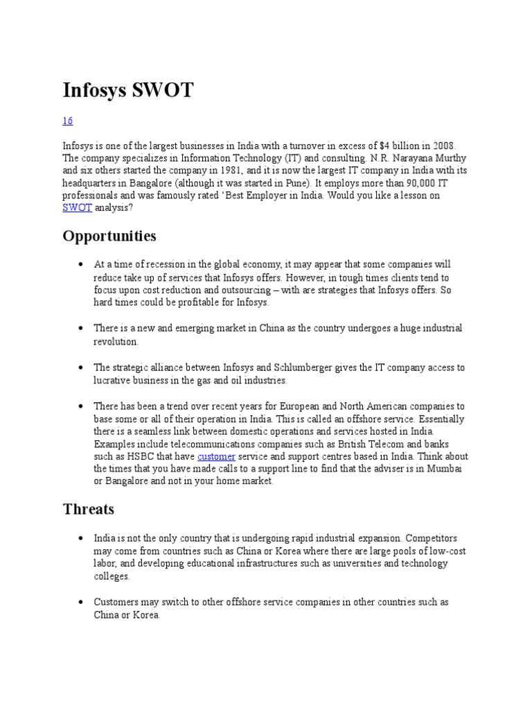 Infosys SWOT: Opportunities | PDF | Swot Analysis | Labour Economics