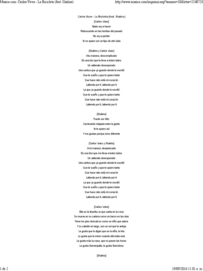 Carlos Vives - La Bicicleta (Feat. Shakira) | PDF | Ocio ...